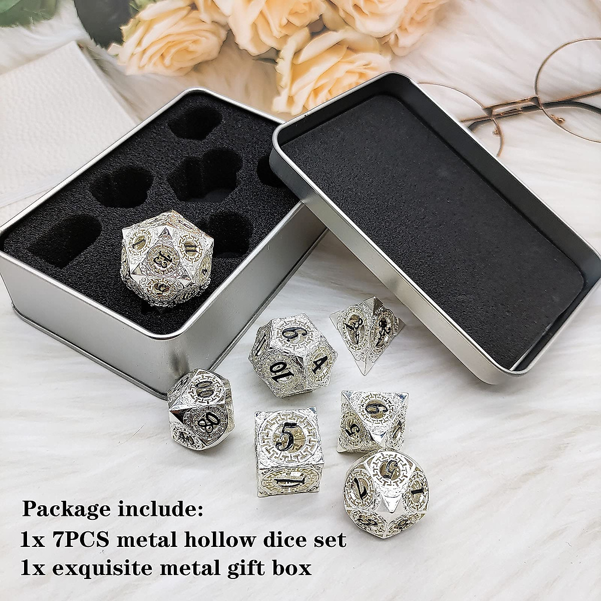 Metal Dice Set 7pcs DND - Table Game RPG Hollow Dice Silver and Black, with Metal Gift Box, Suitable for Dungeon and Dragon D&D MTG, Math Teaching, Polyhedron D4 D6 D8 D10 D10％ D20
