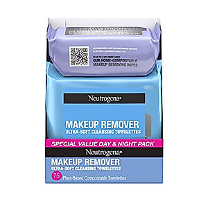 Neutrogena Day & Night Wipes, Makeup Remover Face Cleansing Towelettes & Night Calming Facial Cloths, 100% Plant Based Fibers Wipe Away Dirt, Alcohol-Free, 3 Packs of 25 ct, 75 ct