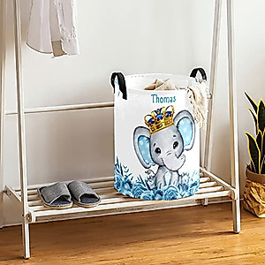 Blue Crown Elephant Personalized Laundry Hamper ,Custom Name Collapsible Waterproof Laundry Basket Storage Bins with Handle for Clothes,Toy,Nursery