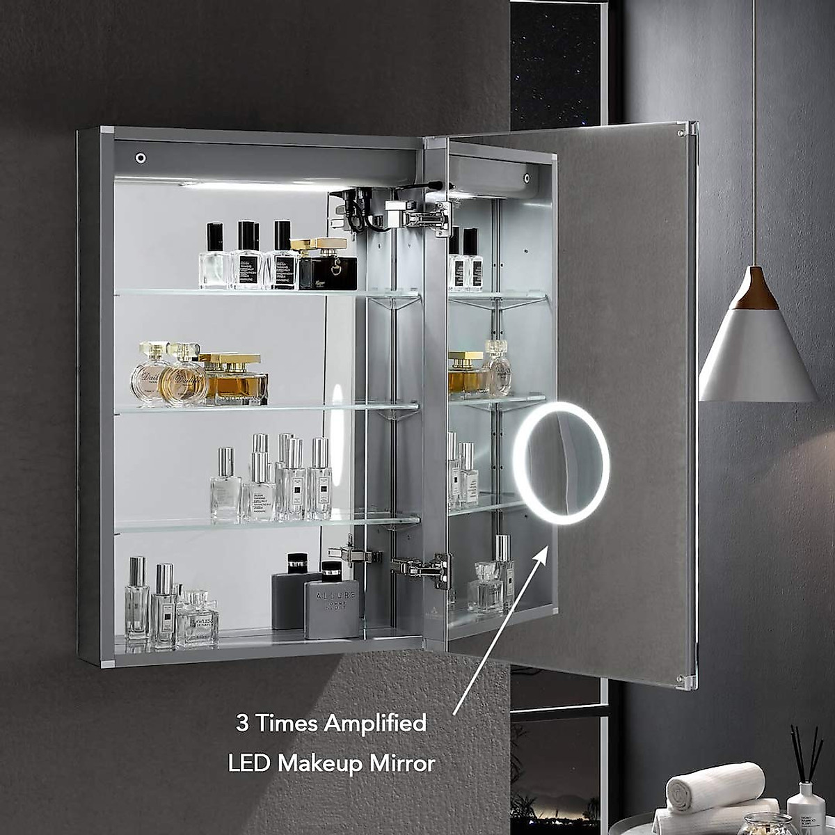 Recessed or Surface LED Mirror Medicine Cabinet with Lights, LED Medicine Cabinet w/Defogger, Dimmer, 3X Makeup Mirror, Outlets & USB (24x32/Right Hinge/Zoom Mirror)