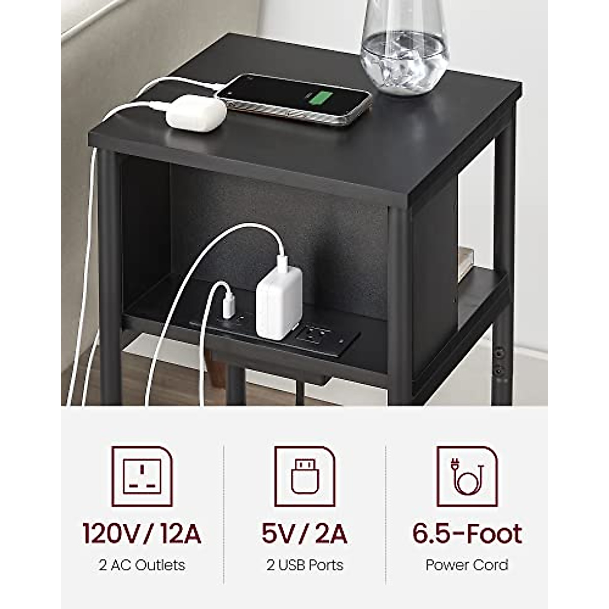 VASAGLE Side Table with Charging Station, 3-Tier End Table with USB Ports and Outlets, Nightstand for Living Room, Bedroom, 11.8 x 13.4 x 22.8 Inches, Plug-in Series, Black