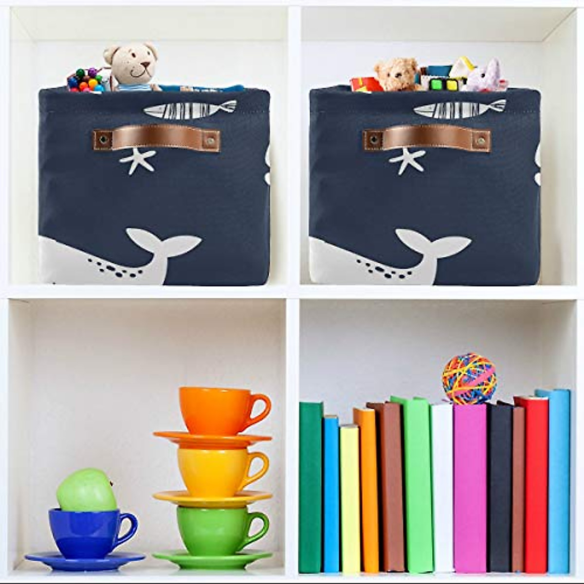 Sea Nautical Anchor Whale Storage Basket Collapsible Cloth Storage Cube Basket Bins Organizer with Handles Rectangular Large Toys Shelf Closet for Nursery Bedroom Home Office