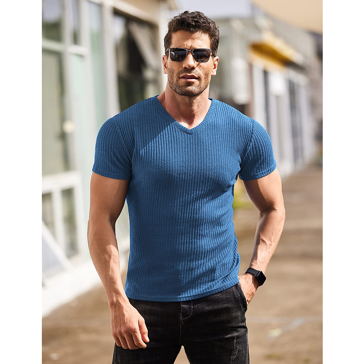 COOFANDY Men's 2 Pack Muscle T Shirts Stretch Short Sleeve V Neck Bodybuilding Workout Tee Shirts