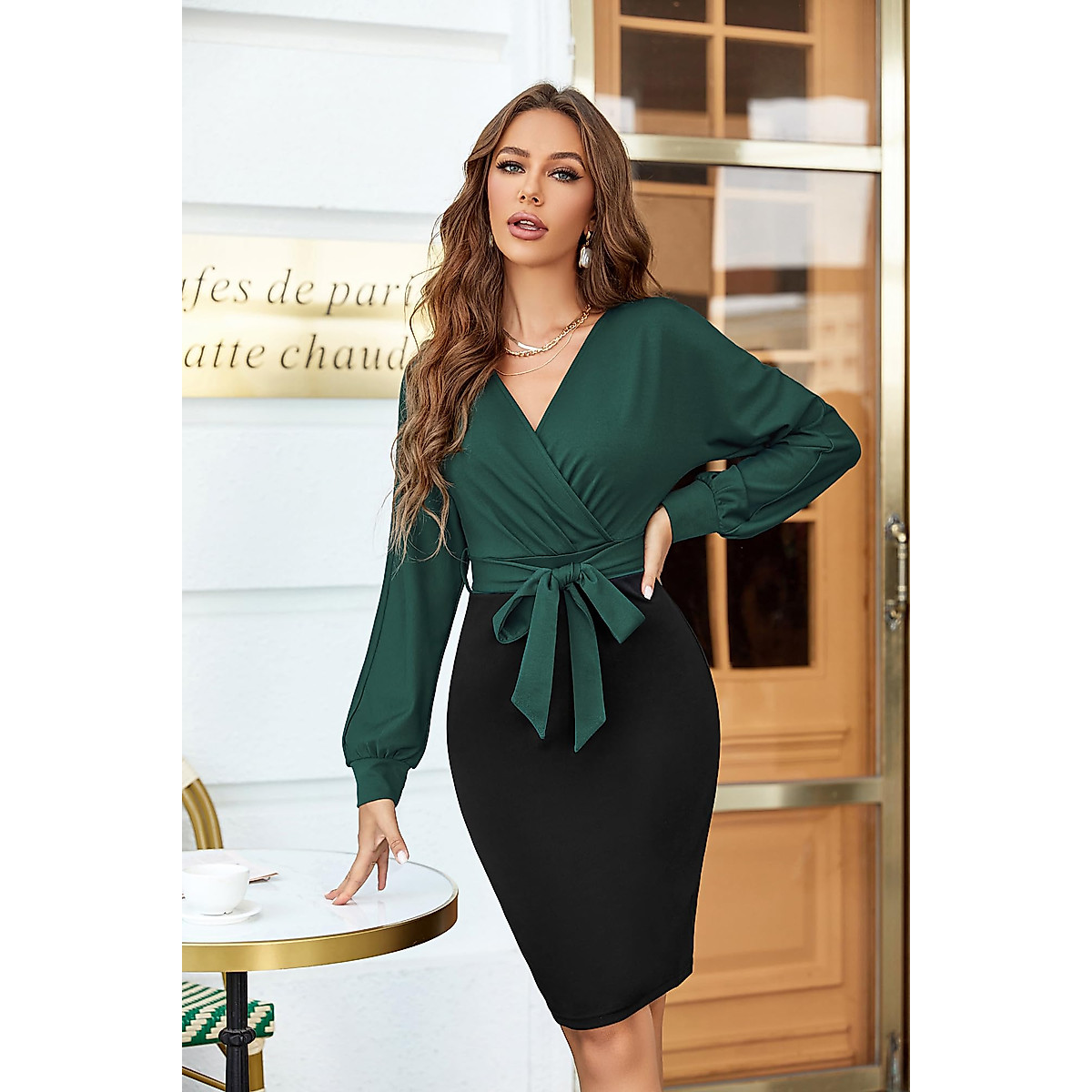 GRACE KARIN Women's Pencil Midi Dress Long Sleeve Elegant Casual Daily Knee Length Wrap Dresses Atrovirens-Black L