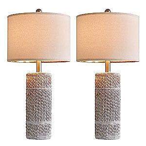 OYEARS 25.5 "Retro Farmhouse Table Lamps Set of 2 Woven Pattern Resin Bedside Lamps Classic Country Washed White Lamp for Bedroom Living Room Home Office