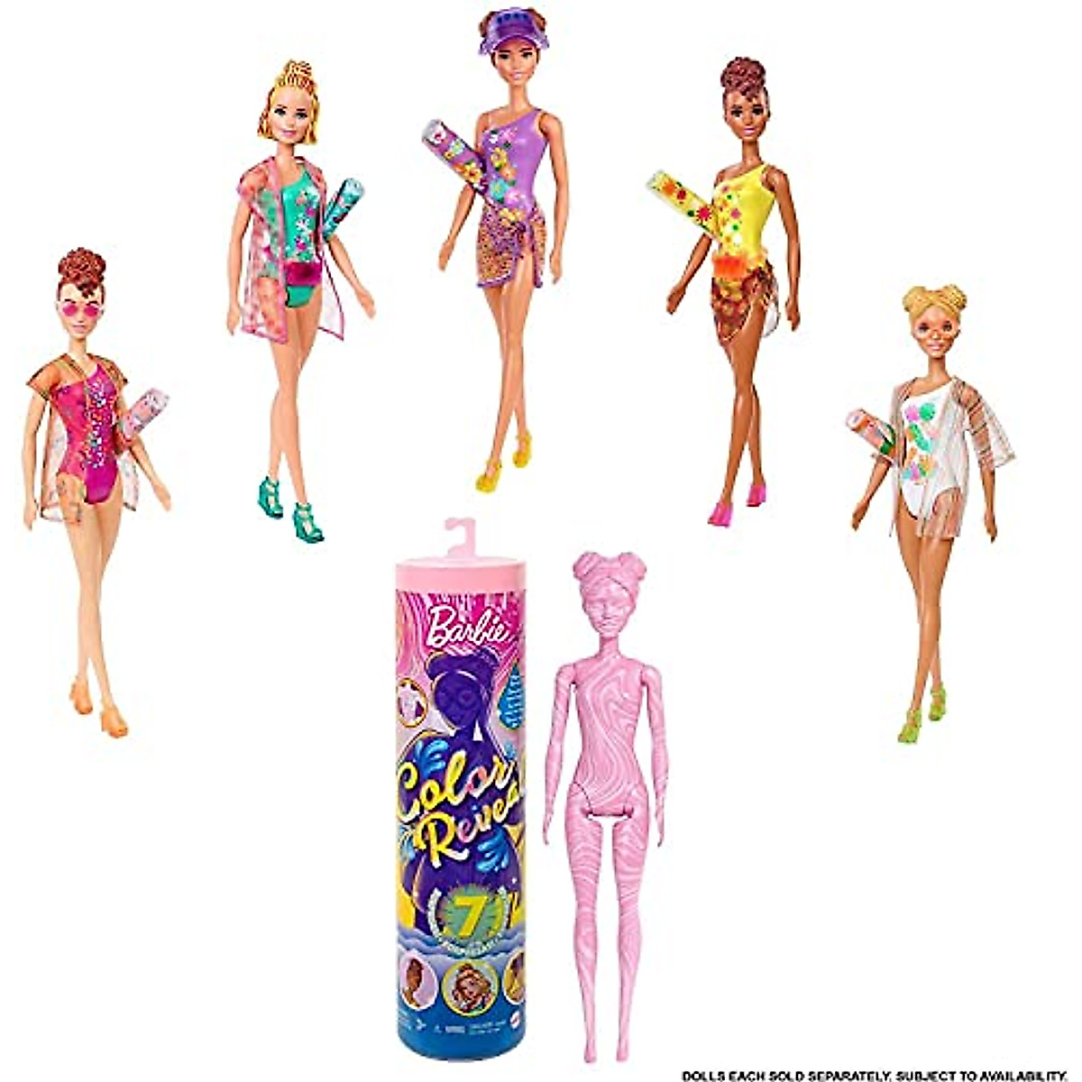 Barbie Color Reveal Doll & Accessories, Sand & Sun Series, 7 Surprises, 1 Barbie Doll (Styles May Vay)