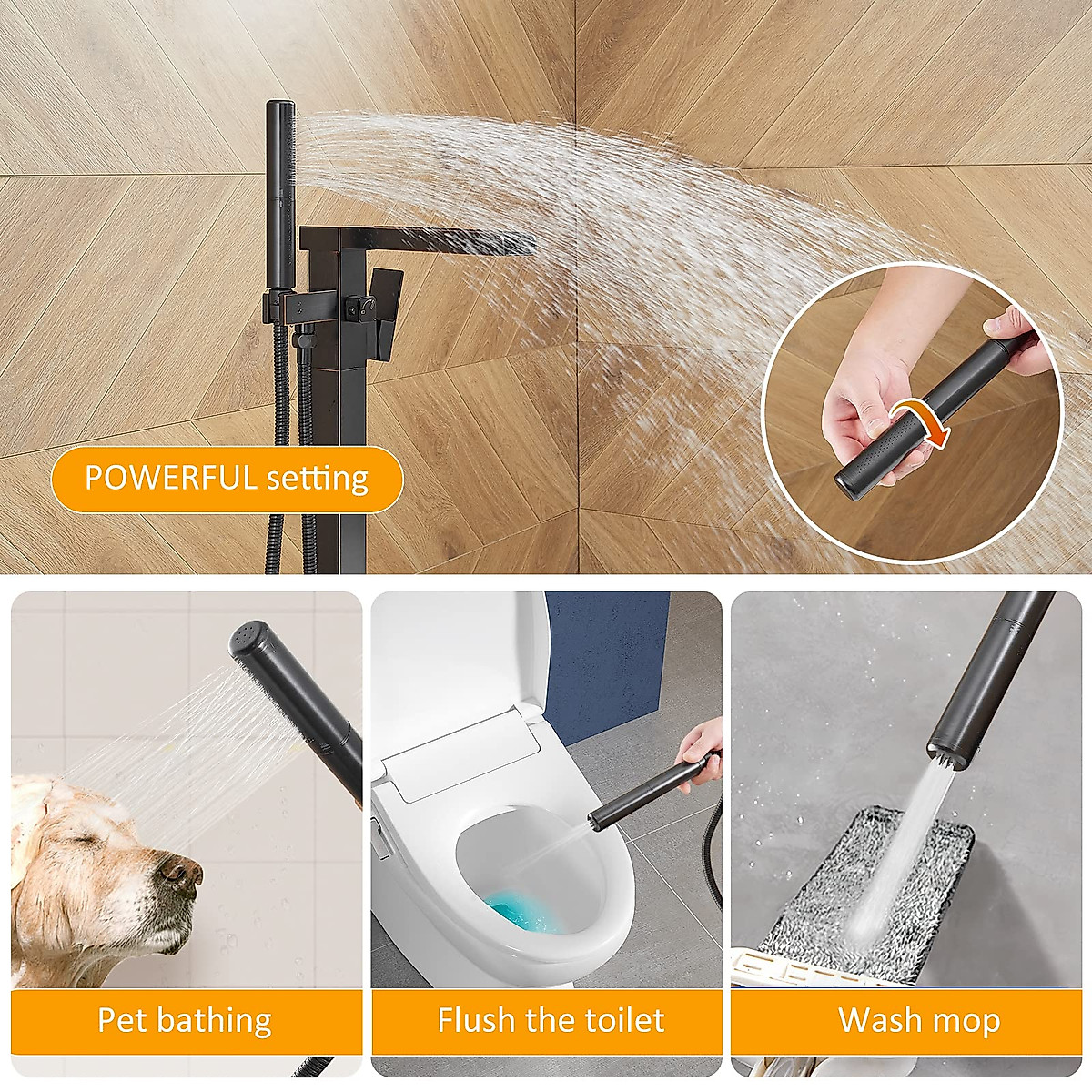 BESy Freestanding Bathtub Faucet Waterfall Tub Filler Oil Rubbed Bronze Floor Mount Brass Single Handle Bathroom Tub Faucets with 2 Function Hand Shower Wand
