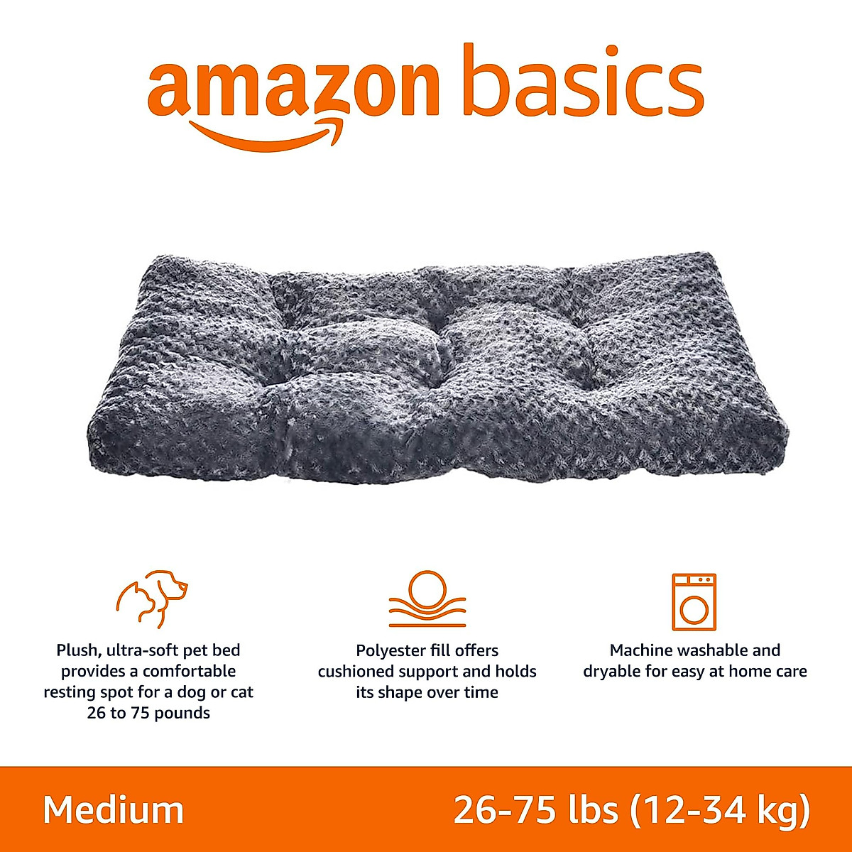 Amazon Basics Cat and Dog Bed and Crate Pad, Machine Washable, Indoor, 35 x 23 x 3 inches, Gray