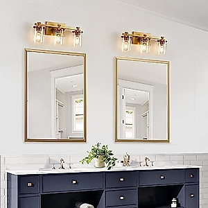 yenlacy 3 Light Bathroom Vanity Light Fixtures, Modern Gold Vanity Lights Over Mirror, Vintage Wall Sconce with Clear Glass Shade, Brushed Gold Vanity Lights for Bathroom