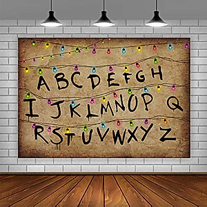 Lofaris Stranger Photography Backdrop Rustic Alphabet Colorful Lights Background Kids Birthday Party Decorations Supplies Cake Table Banner Photo Booth Props Cake Table Banner 5x3ft