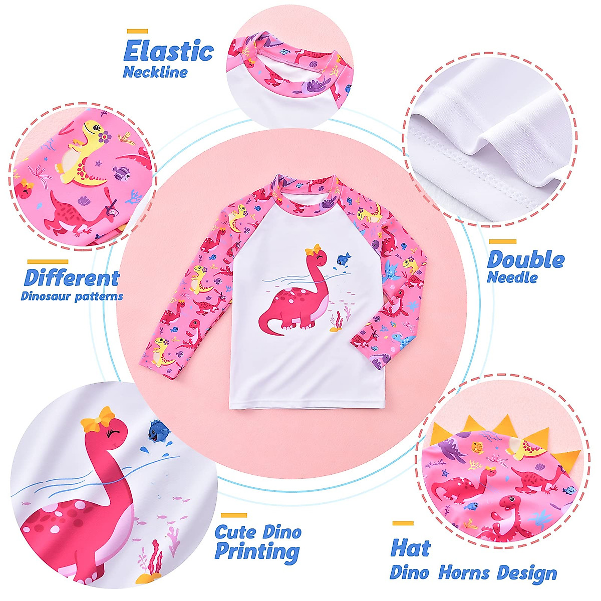 Baby Toddler Girls Swimsuit Set Dinosaur Swimming Rash Guard with Hat Two Pieces Trunk Long Sleeve Swimwear Set Printed Quick Dry UV Protection Dino Beachwear Outfit(pink, 4T)