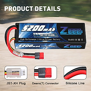 Zeee 2S Lipo Battery 5200mAh 7.4V 50C Deans T Plug with Housing Hard Case Battery for 1/8 1/10 RC Vehicles Car Slash RC Buggy Truggy RC Truck Racing Hobby(2 Pack)
