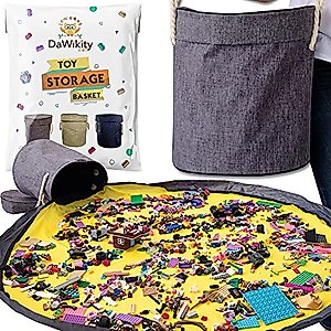Toy Storage Basket and Play Mat - Building Bricks Toy Storage Organizer - Tidy with Ease - Toy Blocks Mat Storage Bag - Collapsible XL Kids Canvas Bag/Bin - Drawstring Playmat Boy/Girls-15"x14”(GREY)