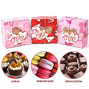 VEYLIN 24PCS Valentine Boxes for Treats, 4”x4”x2.4” Valentines Day Cookie Boxes Cupcake Bakery Boxes with Windows Heart Boxes for Strawberries 6 Designs