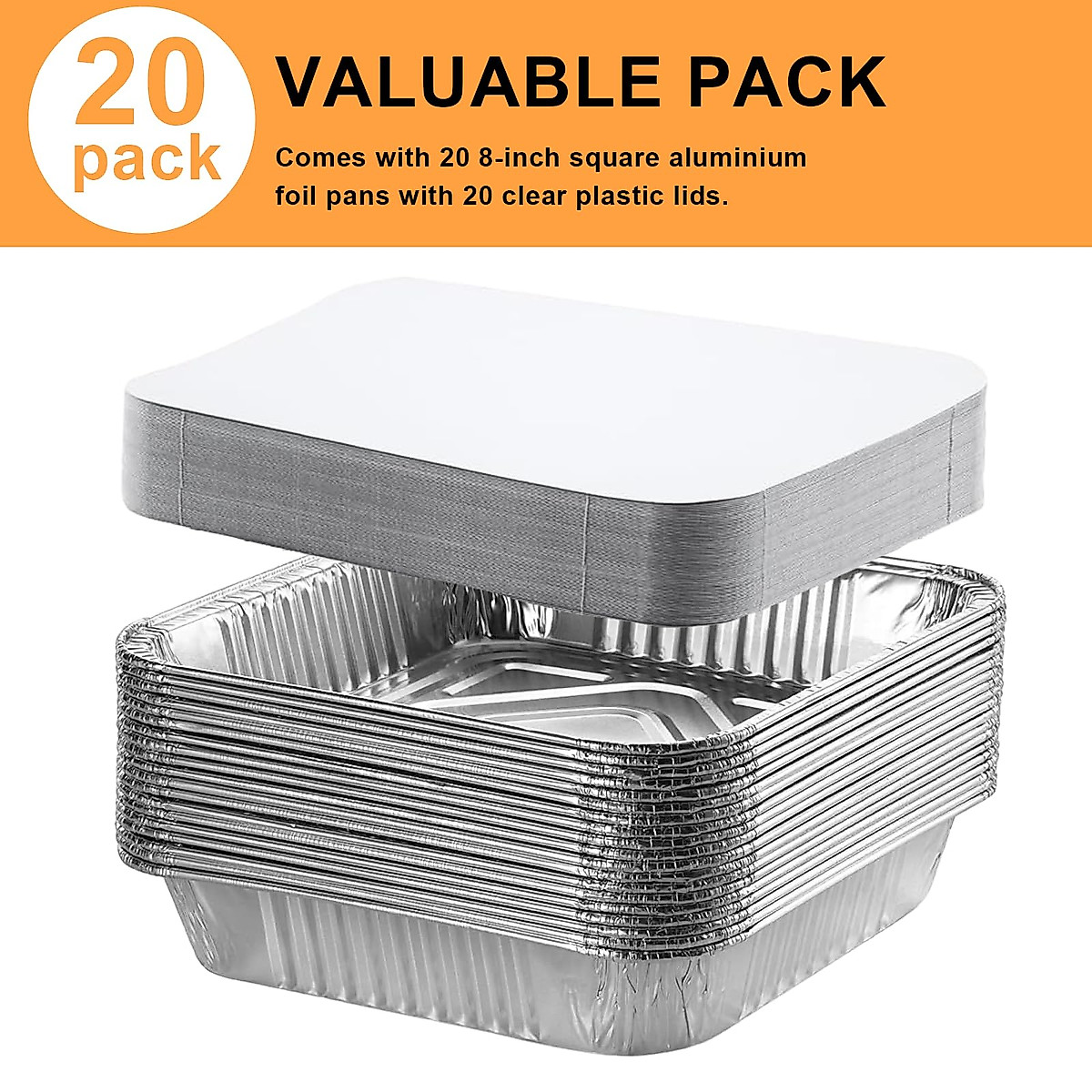 KmaxShip 8x8 Foil Pans with Lids (20 Pack) 8 Inch Square Aluminum Pans with Covers -Disposable Food Containers Great for Baking Cake, Cooking, Heating, Storing, Prepping Food