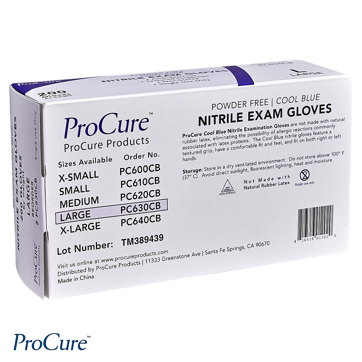 ProCure [200 Count Disposable Nitrile Gloves Large - Powder Free, Rubber Latex Free, Medical Exam Grade, Non Sterile, Ambidextrous - Soft with Textured Tips - Cool Blue