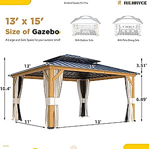 RICHRYCE 13' x 15' Solid Wood Gazebo, Hardtop Gazebo Plastic Sprayed Metal Roof Outdoor Gazebo Canopy Double Vented Roof Pergolas Wood Frame with Netting and Curtains for Garden, Patio, Lawns
