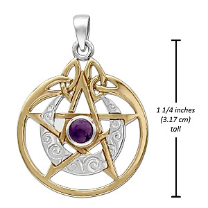 Dryad Design Sterling Silver 14k Gold Plated Crescent Moon Pendant Pentacle with Natural Amethyst