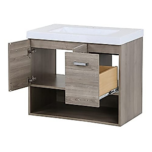 Spring Mill Cabinets Inna Floating Bathroom Vanity with 2-Door Cabinet, Drawer, Open Shelf, and White Sink Top, 30.5" W x 18.75" D x 26.27" H, Forest Elm