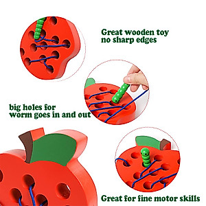 Lacing Toys for Toddlers 1-3,Wooden Threading Apple Baby Travel Toys,Montessori Education Sensory Toys Learning Fine Motor Skills, Wooden Block Puzzle Gifts for 1 2 3 Year Old Baby Kids Boys Girls