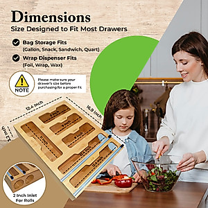 Bamboo 6 in 1 Food Storage Bag Organizer for Kitchen Drawer Baggie Container Dispenser Food Storage Bag Holder for Sandwich - Nuts, Cookies & Snack Variety Size Bags, Compatible with Ziploc,Gallon