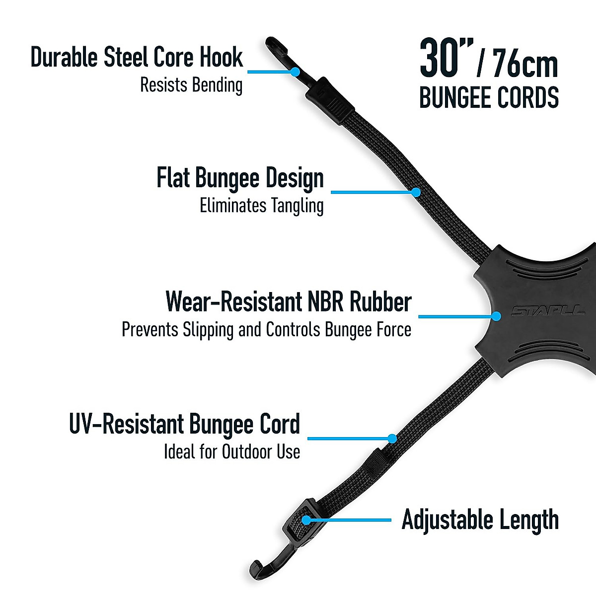 STAPLL Tack Strap – 4-Way Flat Bungee Cord with Rubber Pad Grip, Non-Slip Tie Down Straps for Motorcycle, ATV, Kayak, Cycling, Camping, Truck Storage, Adjustable Bungee Cords - 2 Pack (Orange)