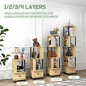 YAGEANNL 4 Tier Rotating Bookshelf with Wheel, 59" Tall Spinning Bookshelf Tower for Kids, Swivel Revolving Bookcase with Drawer Small Corner Bookshelf for Bedroom Library Classroom Narrow Space