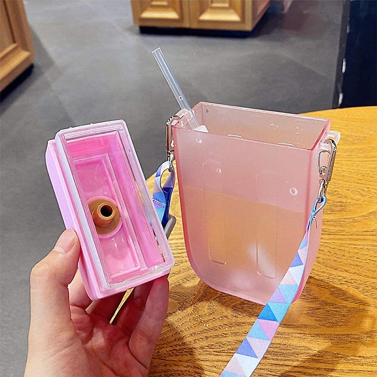 YunQin 320ml Plastic Water Bottles, 4 Colors Cute Watermelon Ice Cream Water Bottle with Straw, Anti-fall Portable Popsicle Shape Water Cup for Girls (pink)