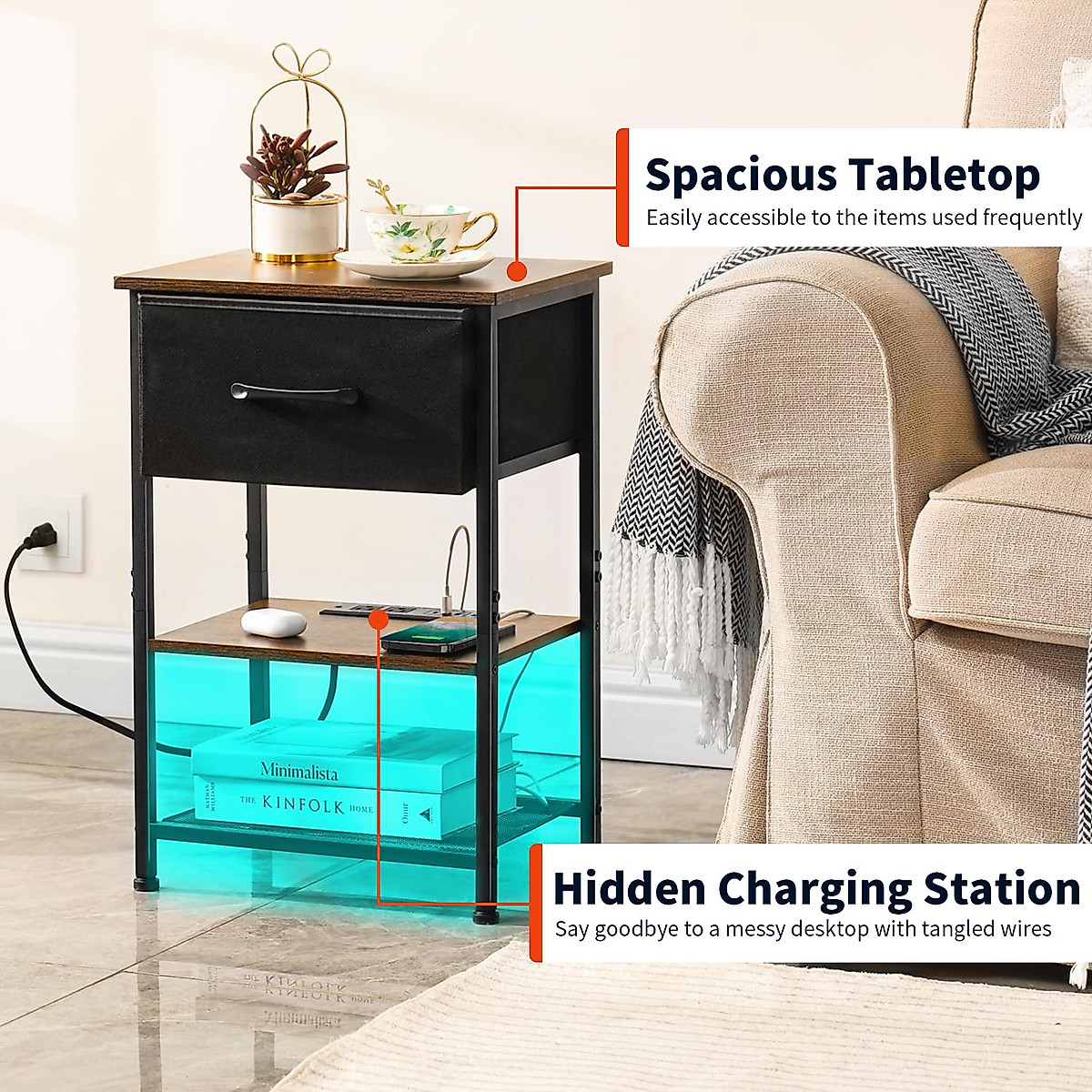 LAKEMID Nightstands Set of 2 with Charging Station and Drawer, End Table Side Table with 20 Colors LED Light Strip and 2 Layers Shelf for Bedroom Living Room Sofa (Rustic Brown)