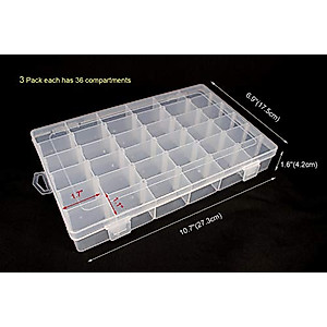 suituts 3 Pack 36 Grids Plastic Organizer Box with Adjustable Dividers, Clear Plastic Storage Organizer Box for Jewelry Beads, Letter Board, Rock Collection, Fishing Tackle (10.7X6.7X1.6 Inch)