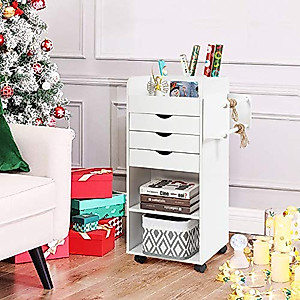 Tangkula Rolling Storage Drawer Cart, Home Office Mobile Drawer Cart, Wooden Utility Cart Storage Cabinet w/ 3 Drawers & 3 Open Storage Shelves, Paper Organizer w/Lockable Casters