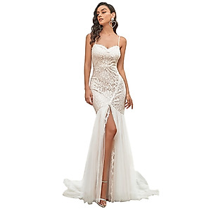 Ever-Pretty Womens Lace Floor Length Mermaid Bridal Gown with Long Train White US10