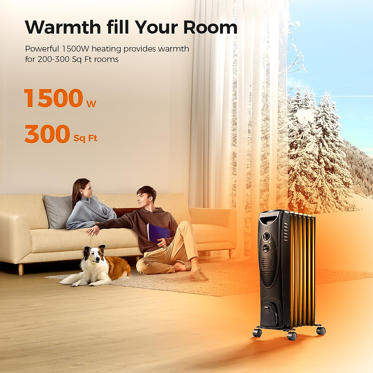 Kismile Portable Electric Radiator Heater, Oil Filled with 3 Heat Settings, Adjustable Thermostat, Overheat & Tip-Over Protection For indoor use, 1500W (Black)