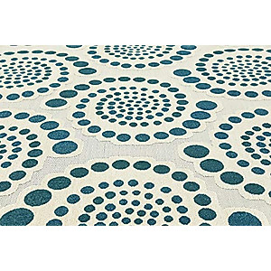 Unique Loom Modern Collection Geometric, Contemporary, Circles, Swirls, High-Low Pile, Indoor and Outdoor Area Rug, 7 ft x 10 ft, Ivory/Teal