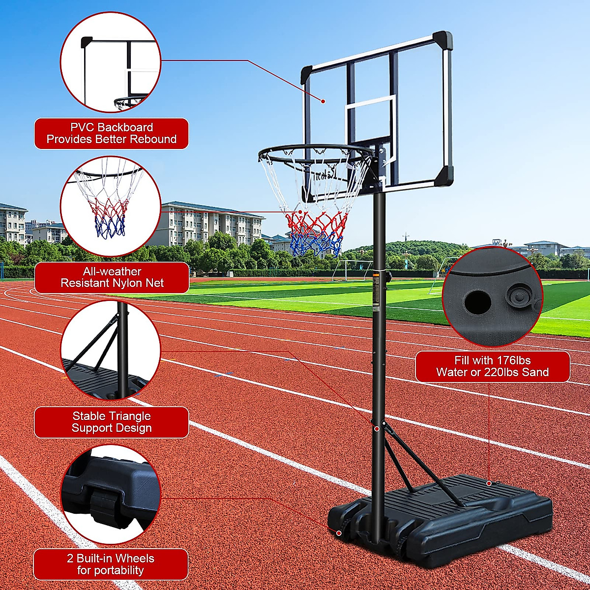 aukung Portable Basketball Hoop & Goal Basketball Stand Height Adjustable 6.2-8.5ft with 35.4Inch Transparent Backboard & Wheels for Youth Teenagers Outdoor Indoor Basketball Goal Game Play