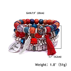 SMALLLOVE Bohemian Bracelets Set for Women Multilayer Stretch Stackable Wing Tassel Love Charm Crystal Beaded Beach Boho Natural Stone (Black)