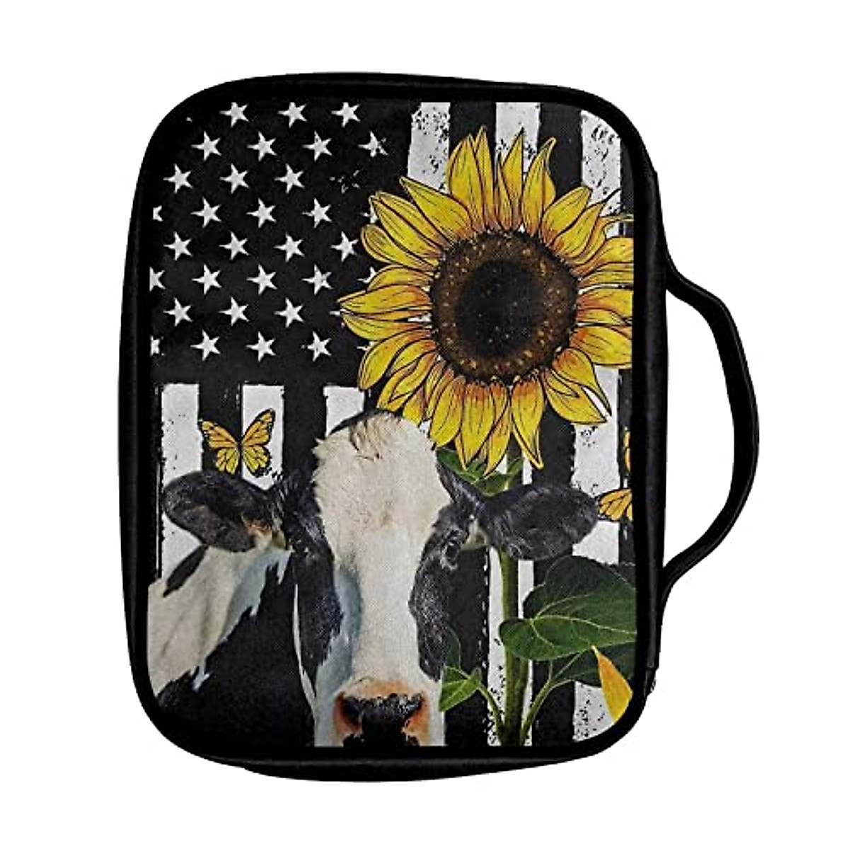 Belidome USA Bible Cover for Women Girl American Flag with Sunflower Cow Print Bible Case Tote Bag for Book Carrying Church Library Accessories Patriotic Fourth of July Independence Day Gifts