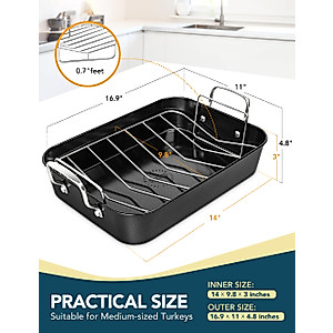 MICHELANGELO Carbon Steel Roasting Pan with Rack, Turkey Roasting Pan 15 Inch x 11 Inch, Nonstick Turkey Roaster Pan with Stainless Steel Rack, Induction Compatible