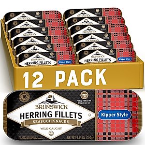 Brunswick Boneless Kipper Style Herring Fillets, 3.53 oz Can (Pack of 12) - 18g Protein per Serving - Gluten Free, Keto Friendly - Great for Pasta & Seafood Recipes