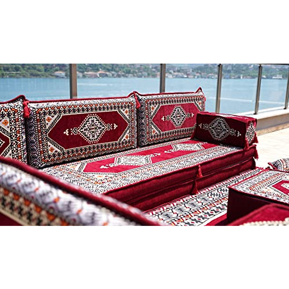 Maroon L Shaped Futon Sofa Bed, Corner Floor Couch, Sectional Sofas, Yoga Sofa Sets, Handmade Living Room Furniture, Sofa Covers (L Sofa + Rug + Poufs)