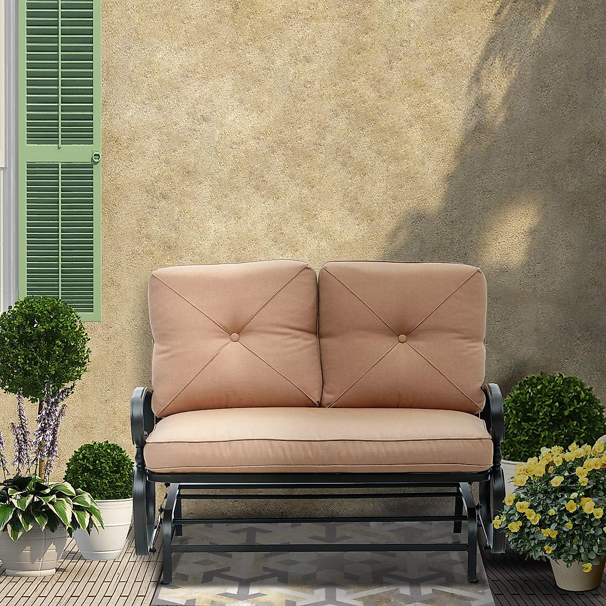 Betterland Outdoor Glider Rocking Chair Patio Swing Glider Bench for 2 Person, Metal Frame Loveseat Chair with Cushions (Brown)
