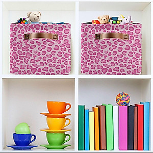 YETTASBIN Pink Leopard Storage Basket 1pc, Large Collapsible Toys Clothes Organizer, Durable Canvas Storage Bin with Handle for Shelves Closet Laundry Home Office Decor