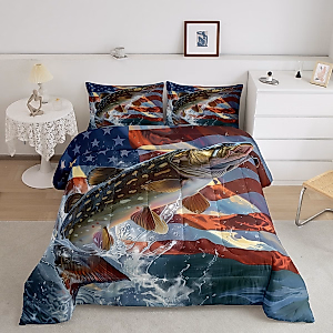 Feelyou American Flag Big Pike Fish Comforter Set Bass Big Fish Bedding Set for Kids Boys Girls Hunting Fishing Comforter Soft Quilt Set Twin Size