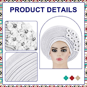 Cuffbow 2 Pcs Gele African Head Wraps Nigerian Auto Gele Headties with Stones Turbans Hats for Black Women Wedding Party (Black, White)