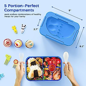 Lunch Box Kids, Bento Box, 1350ML Bento Lunch Box for Kids, Lunch Containers with 5 Compartments Utensils Food Picks Cake Cups, Leak-proof Bento Box Adult Lunch Box for Boys Girls Toddler, Blue