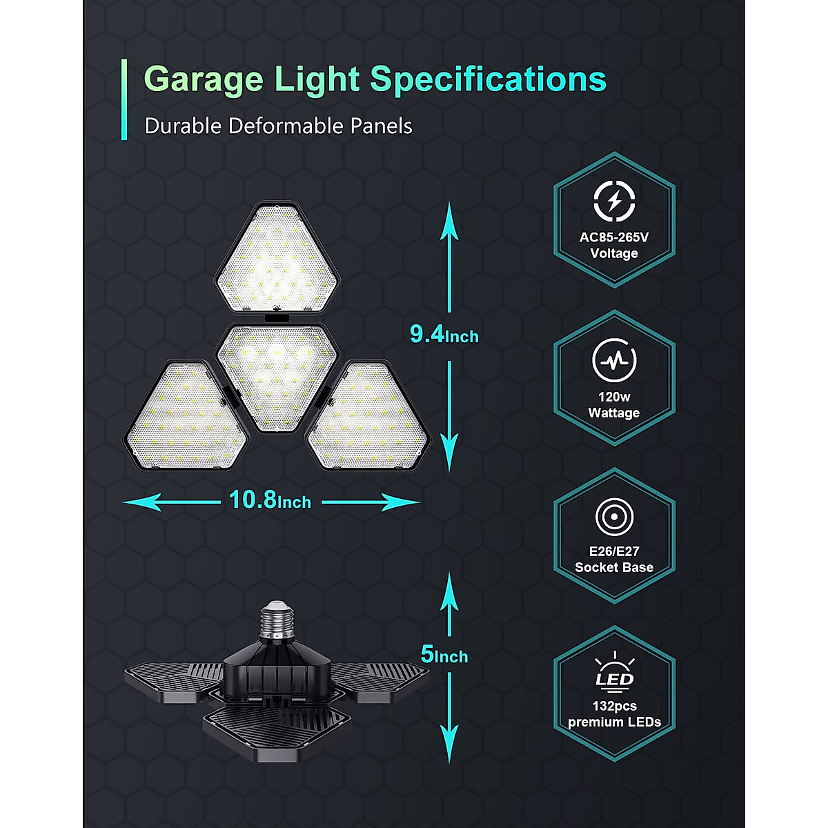 Garage Light 120W - 12000LM 6000K LED Garage Light with 3 Deformable Panels, Screw in Garage Lights Ceiling Led, E26/E27 Garage Lighting Bulb for Garage, Attic, Basement, Barn, Workshop - 1 Pack