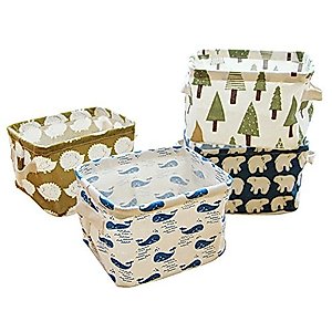 4 Pack Canvas Storage Basket Bins, Home Decor Organizers Bag for Adult Makeup, Baby Toys Liners, Books (4 pack, Tree,bear,hedgehog,whale)