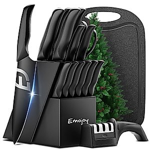 Emojoy Knife Set, 16 Pieces Black Knife Set for Kitchen with 3-Stage Professional Sharpener and Cutting Board, Super-Sharp High Carbon Stainless Steel Kitchen knives, Ergonomic Handle, All Black