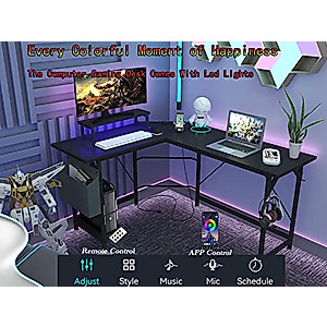 SZXKT Gaming Desk with Monitor Stand and Power Outlets,l Shaped Desk with Storage and LED Lights,Home Office Reversible Corner Computer Desk with Hooks (Black)