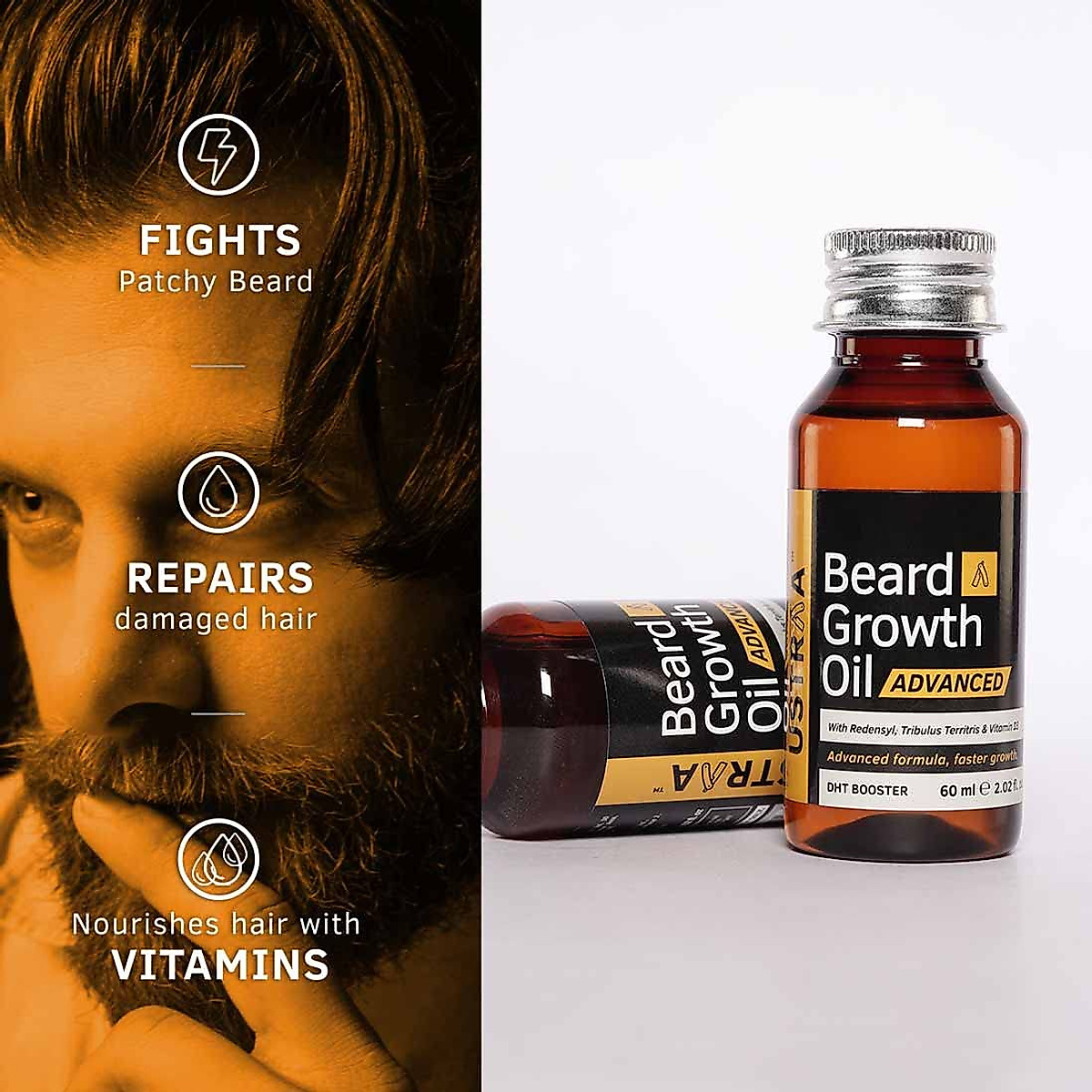 Ustraa Beard Growth Oil Advanced - 2oz - Beard Growth Oil for Patchy Beard, With Redensyl and DHT Booster, Nourishment & Moisturization, No Harmful Chemicals